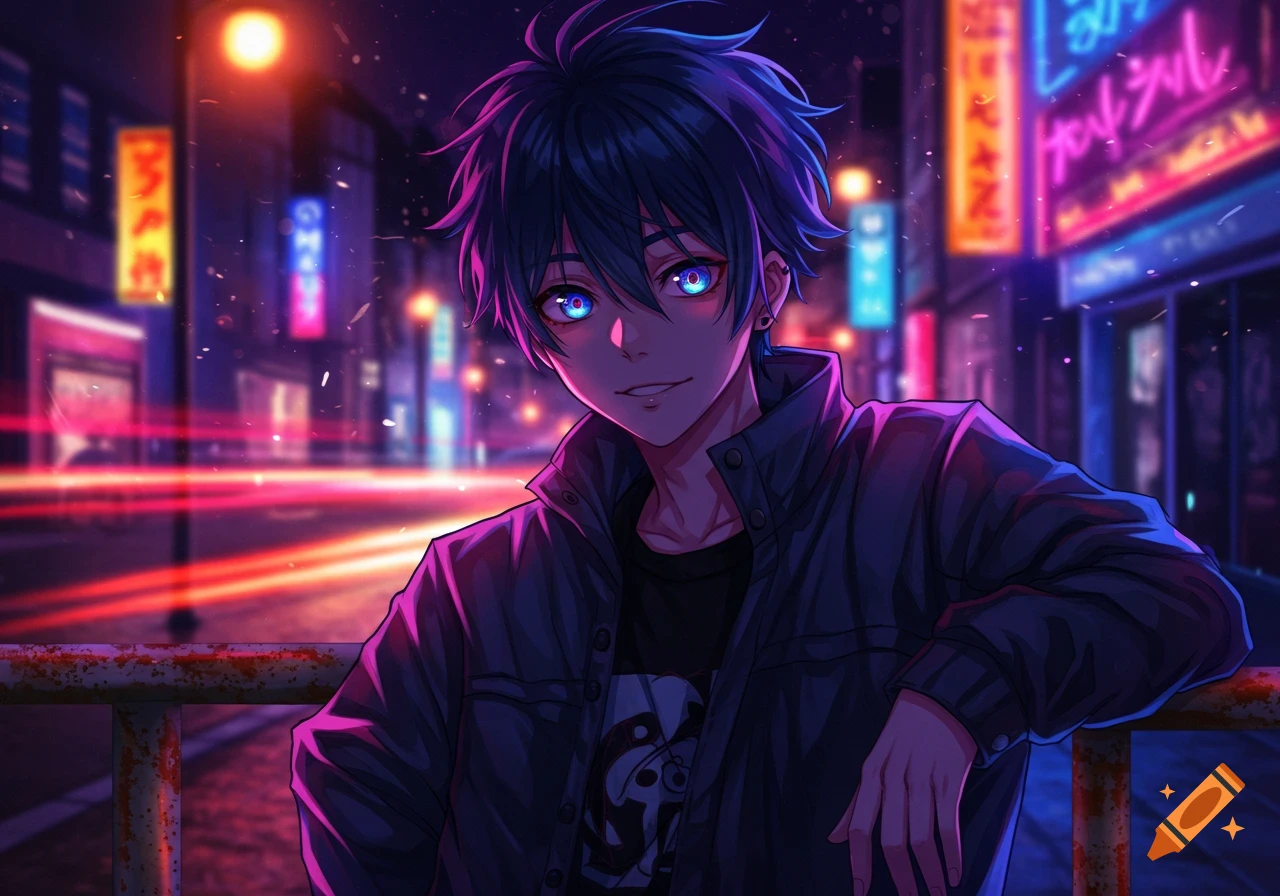 Anime boy with black and red hair and glowing red eyes in a neon-lit ...