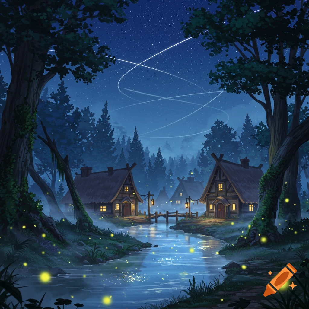 A magical forest village at night with glowing houses, a starry sky ...