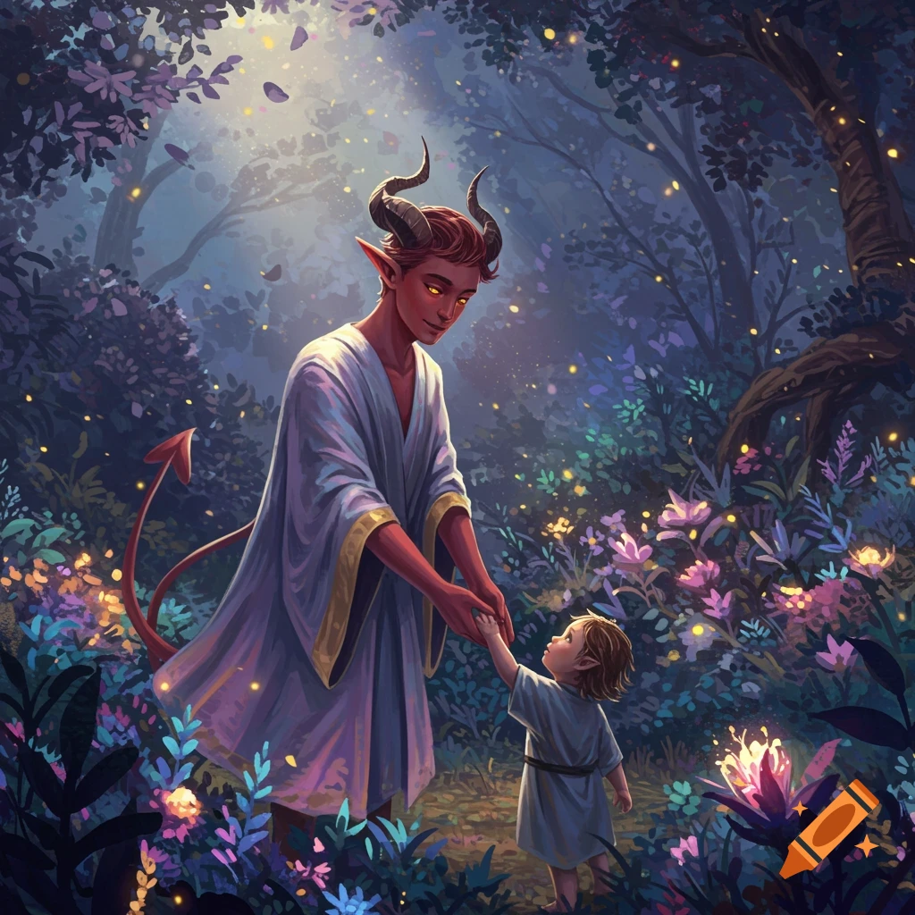 A cheerful boy sits on a mossy log next to a friendly, horned blue ...