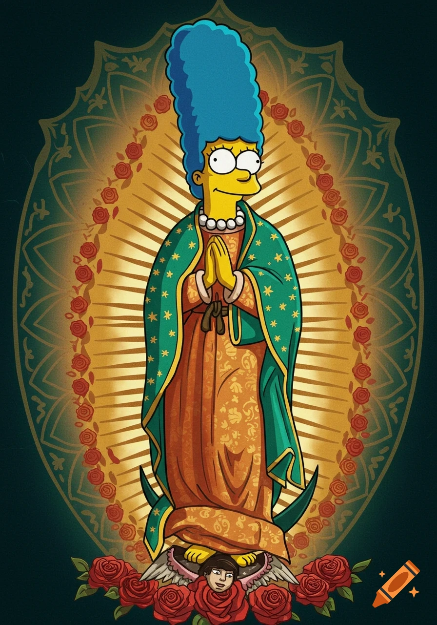 Cartoon Marge Simpson depicted as Our Lady of Guadalupe, standing on a ...
