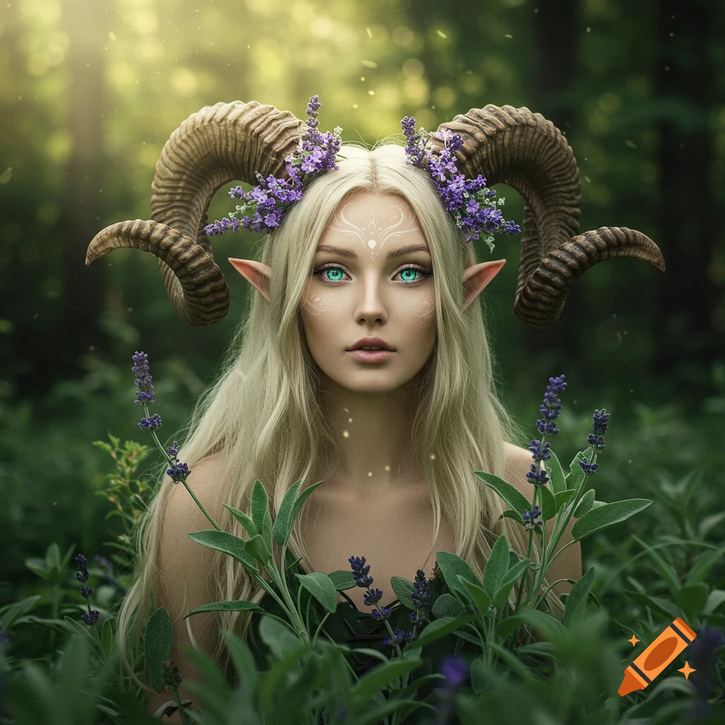 Photorealistic portrait of a blonde forest fae with ram horns, elf ears ...