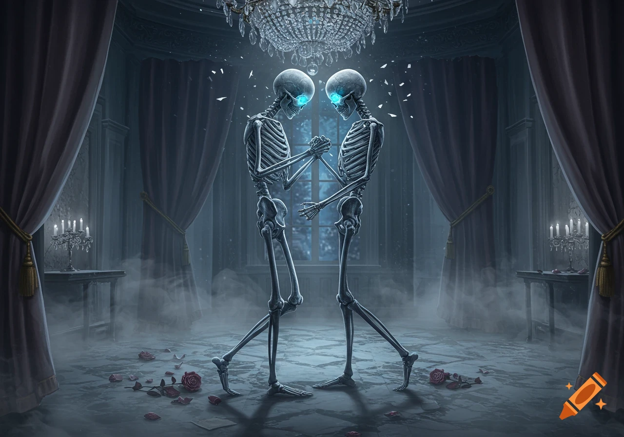 An army of skeletons with glowing purple eyes and rusty swords stands ...