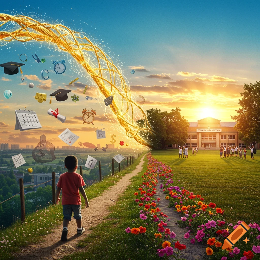 A young boy walks on a flower-lined path towards a school at sunset ...