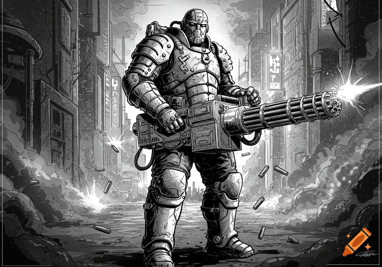 Black and white comic book art of a heavily armored sci-fi soldier ...