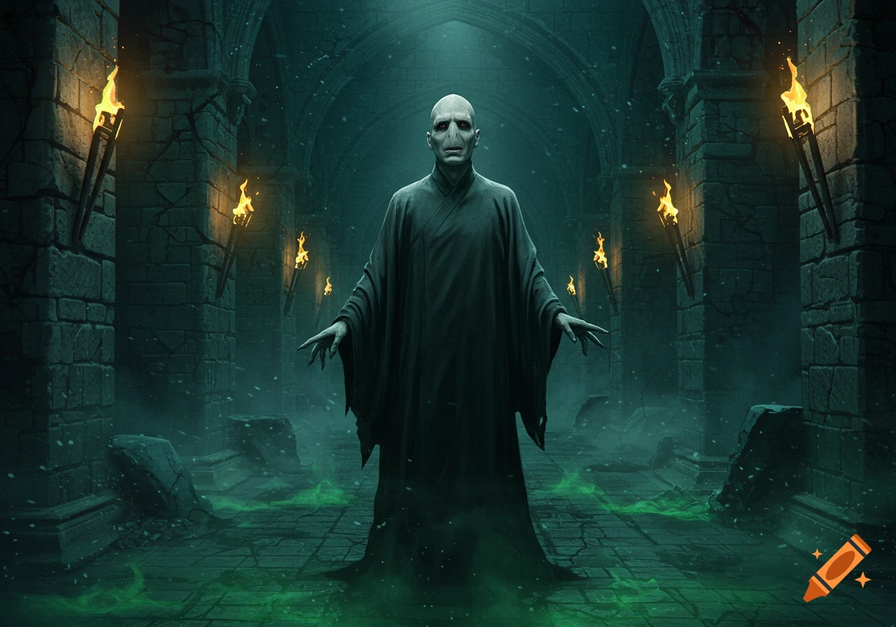 Lord Voldemort stands in a dark, ruined stone hall with torches and ...