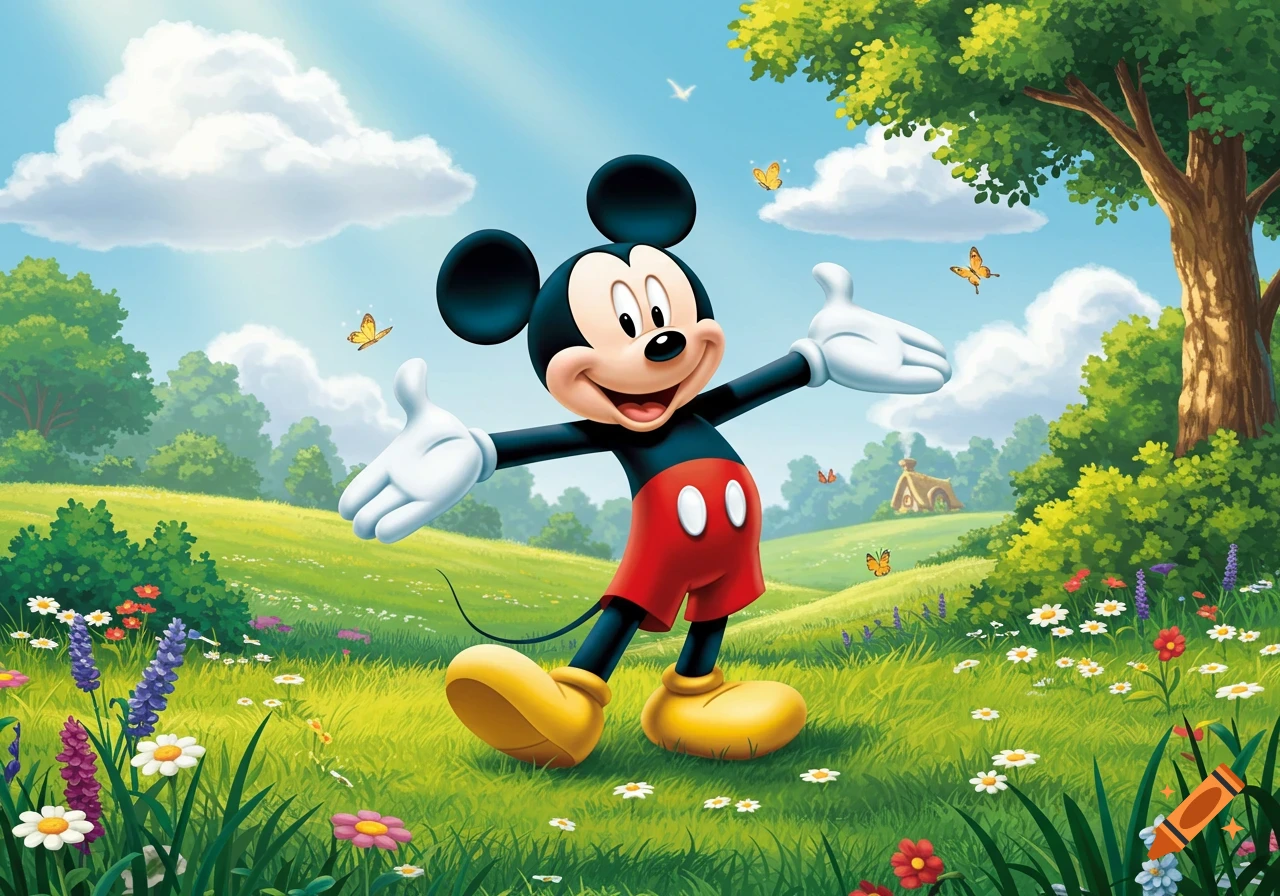 Cartoon Mickey Mouse with arms outstretched in a bright, sunny field ...