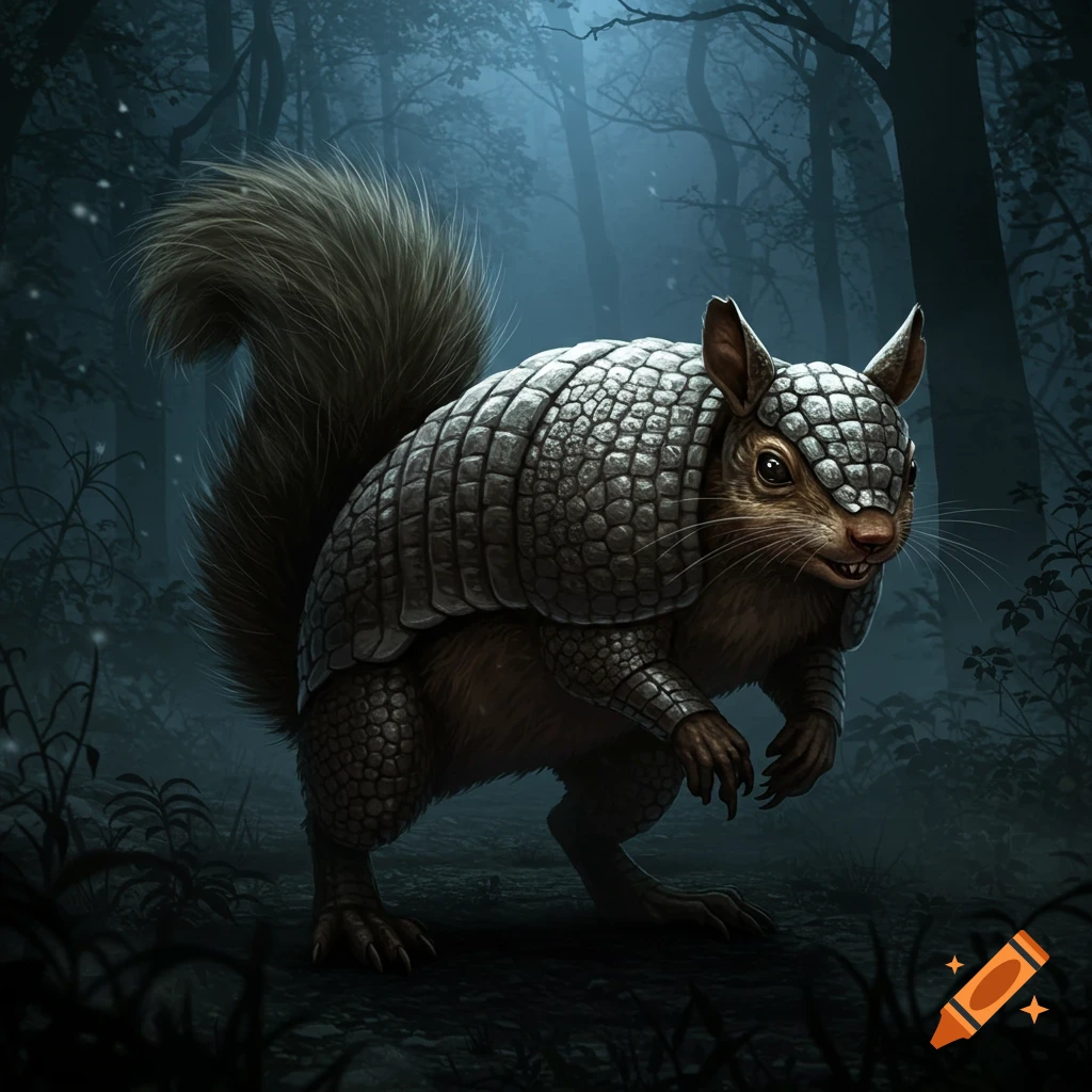 A detailed, fantastical creature blending a squirrel's head and bushy ...