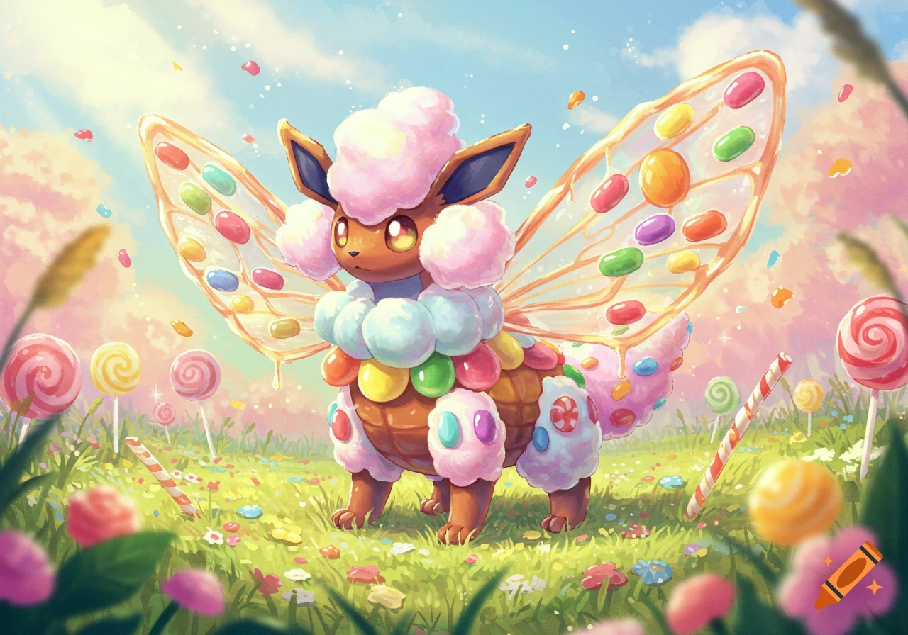 A cute, candy-themed Pokémon-like creature with cotton candy fur and ...