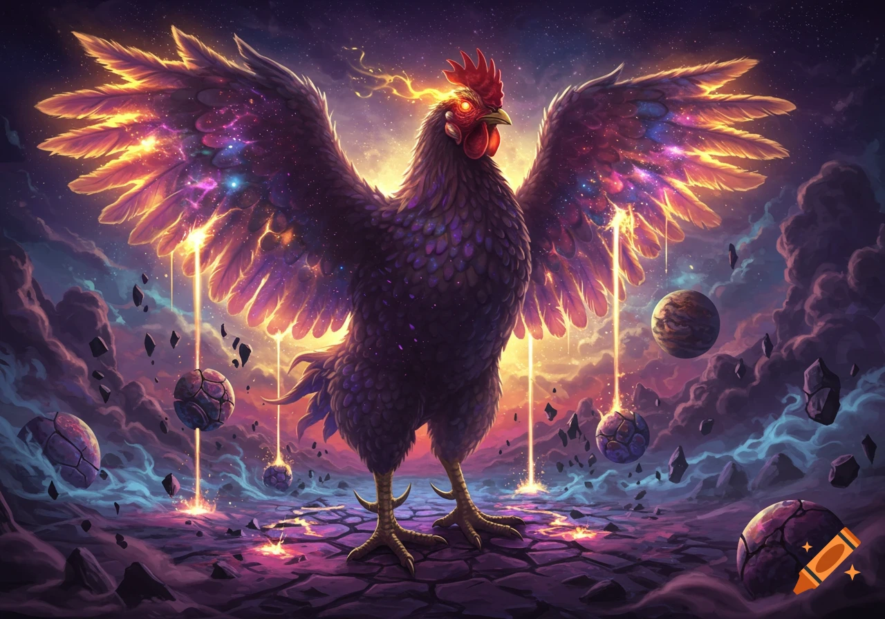 A powerful cosmic chicken with glowing, galaxy-filled wings stands ...