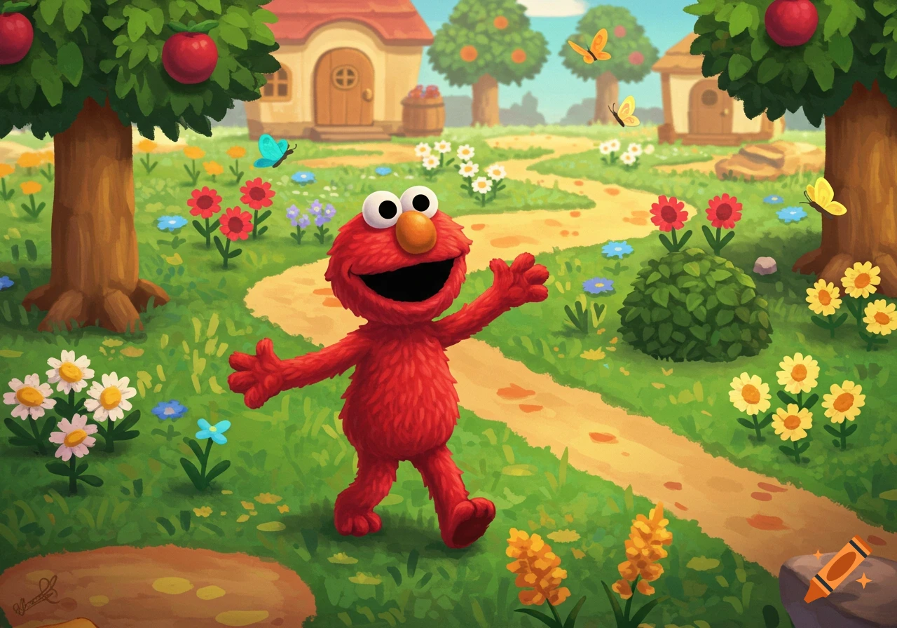Elmo in a vibrant Animal Crossing-style village, walking on a winding ...