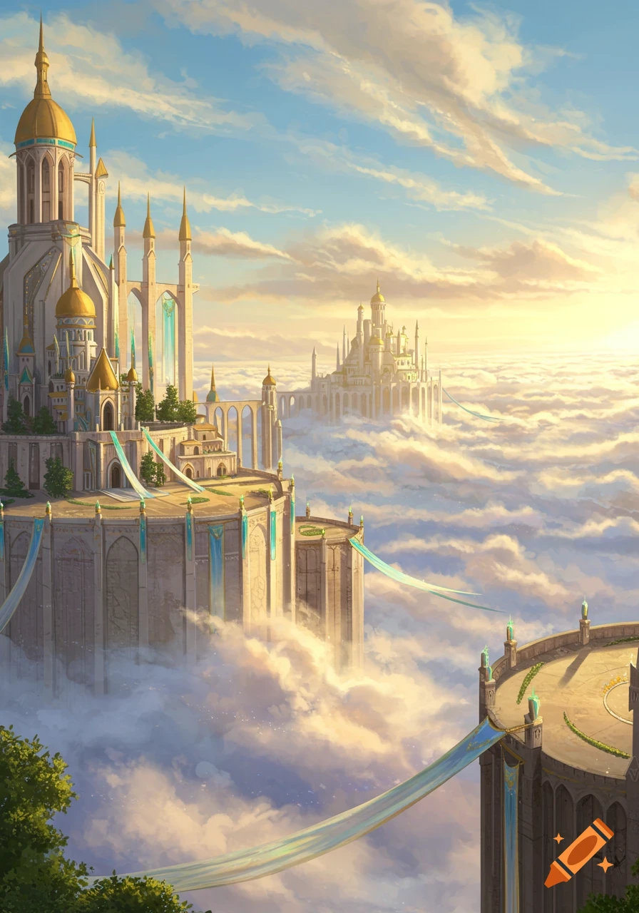 Magnificent castles with golden domes and spires rise above clouds ...