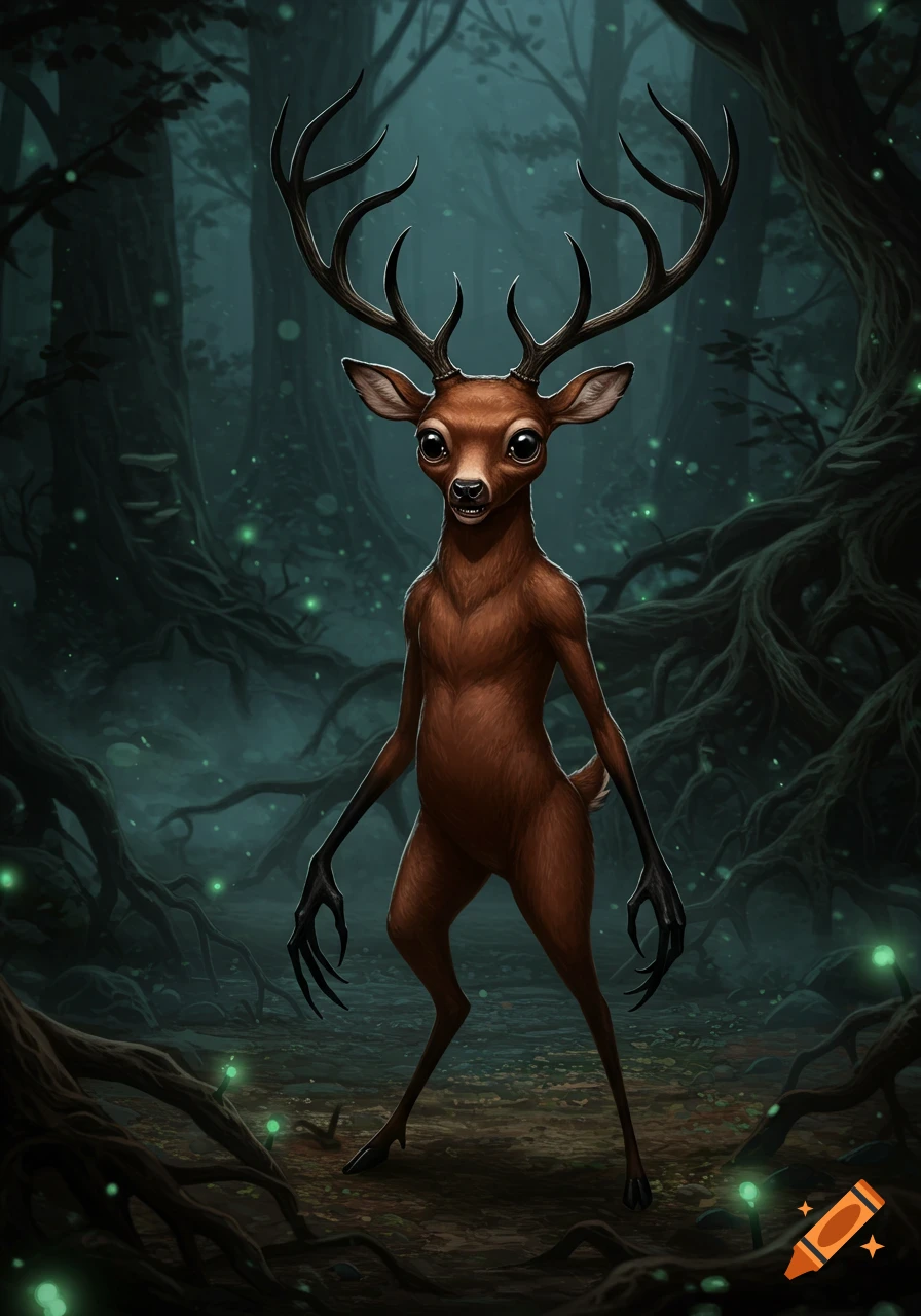 A creepy yet cute bipedal deer creature with black antlers, long black clawed arms, and a gaping ...