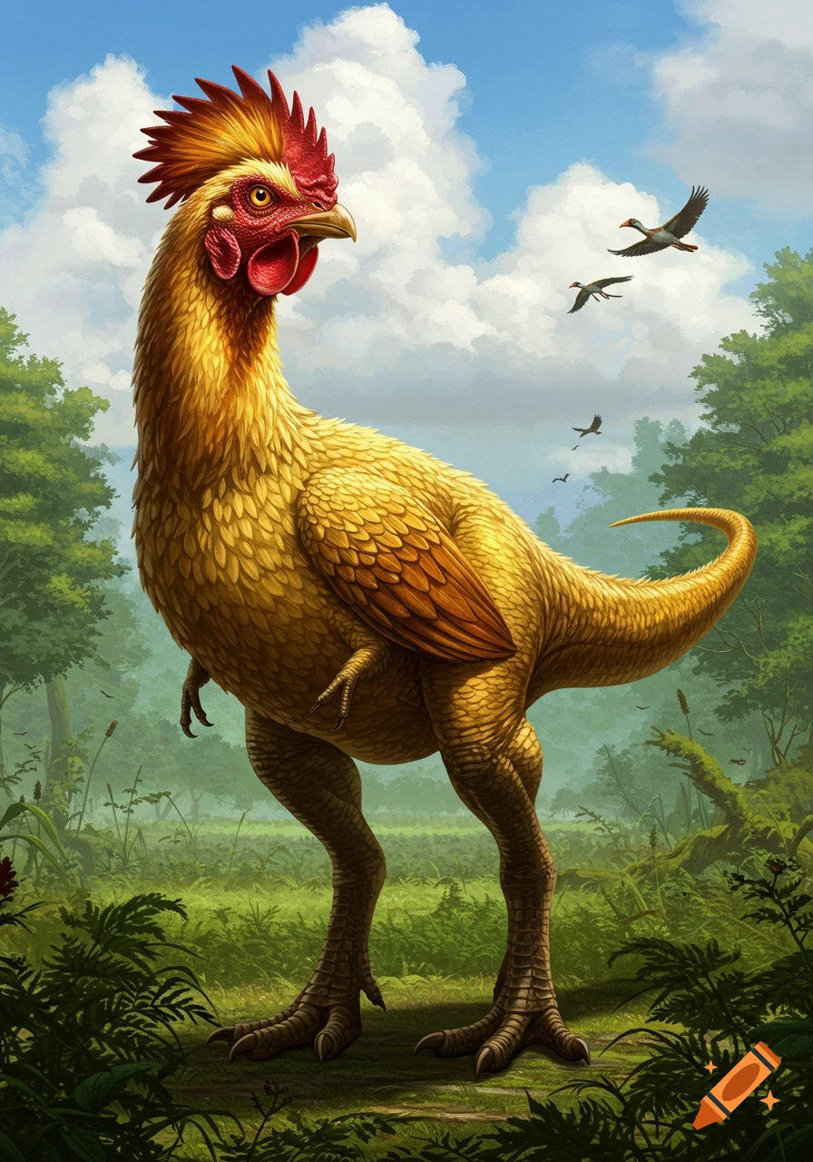 Fantasy illustration of a gold-feathered chicken-dinosaur hybrid ...