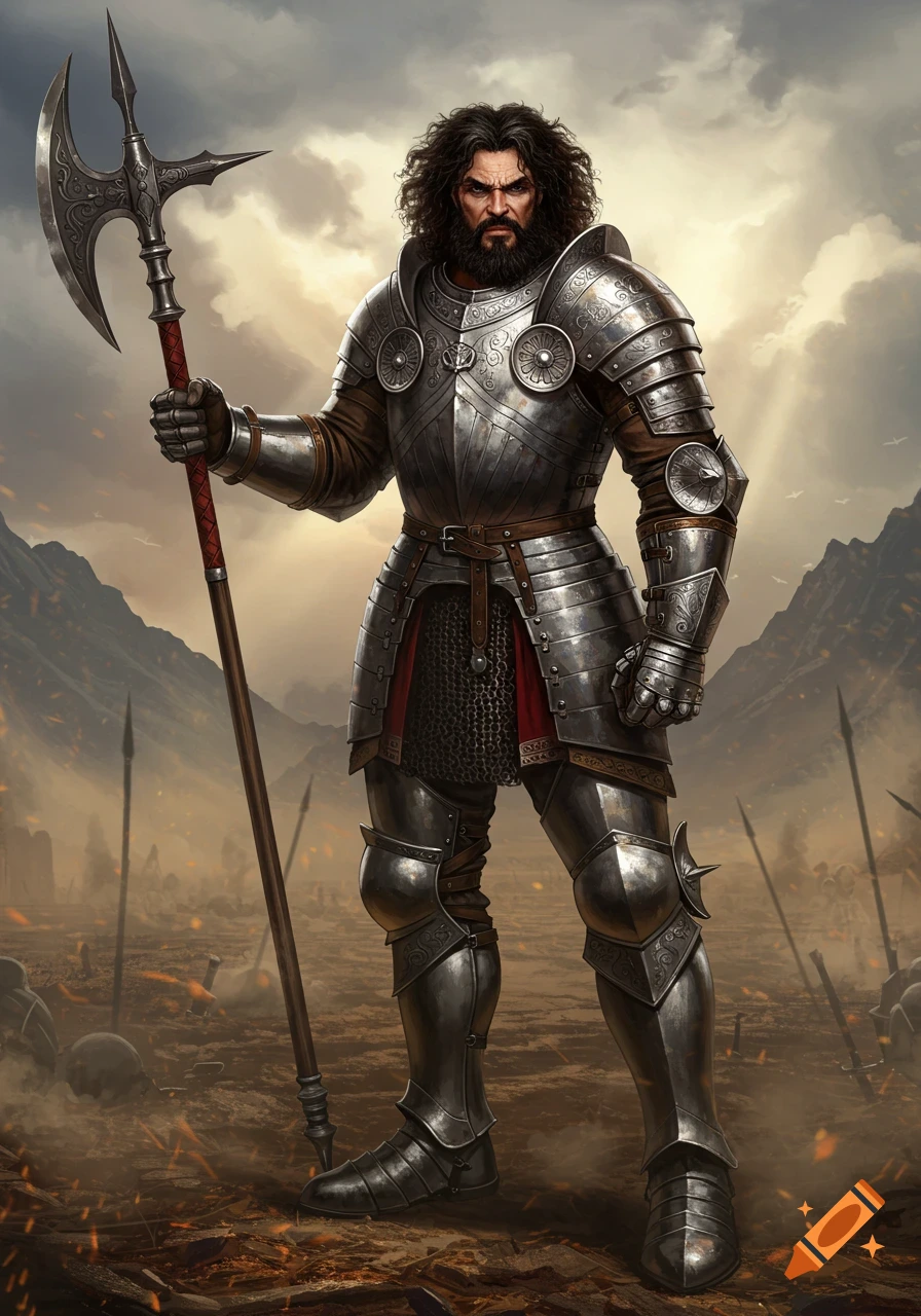 A strong, bearded fantasy warrior in full plate armor holds a halberd ...