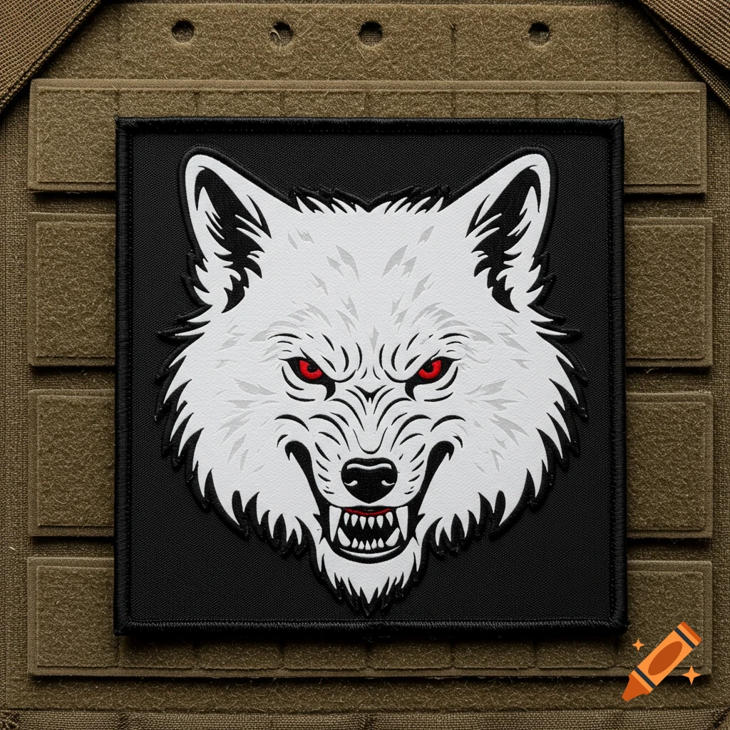 Black square tactical patch with a white outline featuring a stylized ...