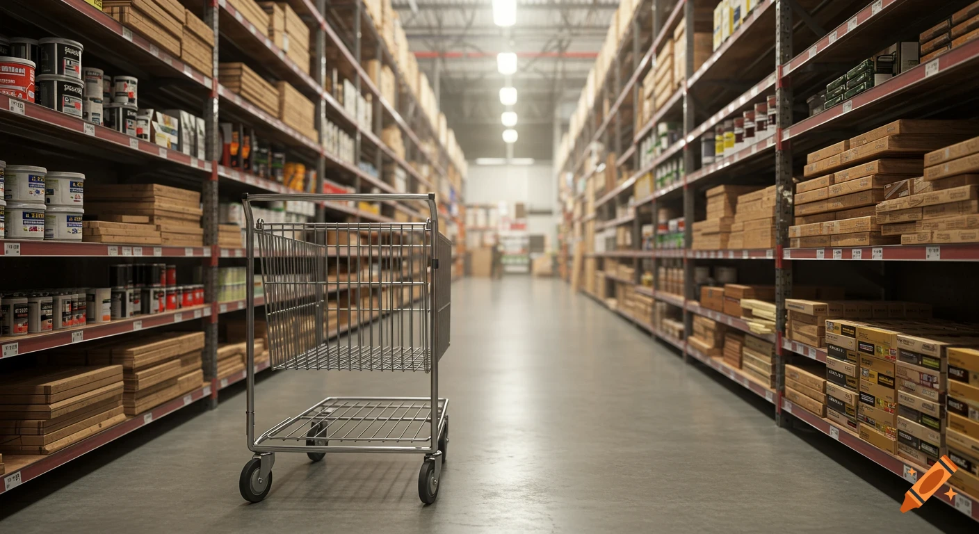 A wide, well-lit hardware store aisle with tall shelves full of lumber ...