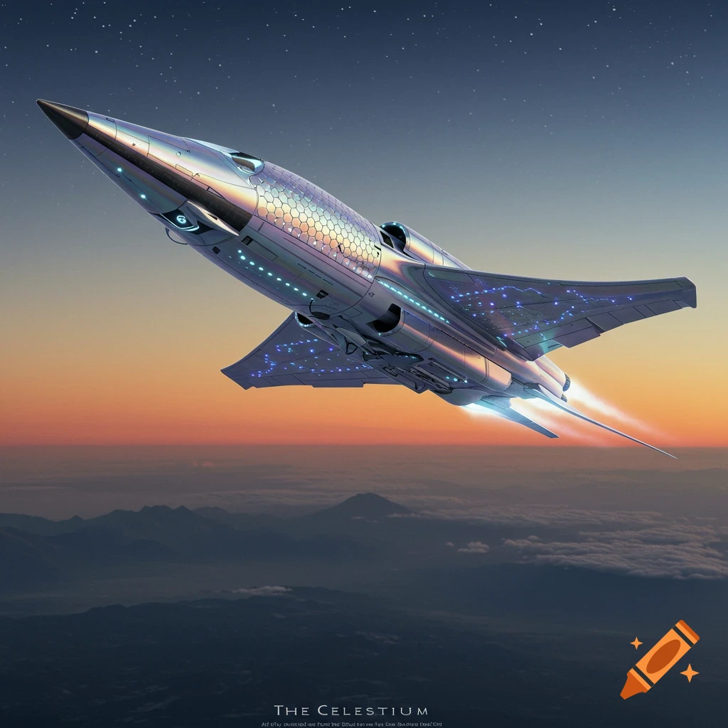 A sleek, iridescent silver spaceplane with glowing blue lights on its ...
