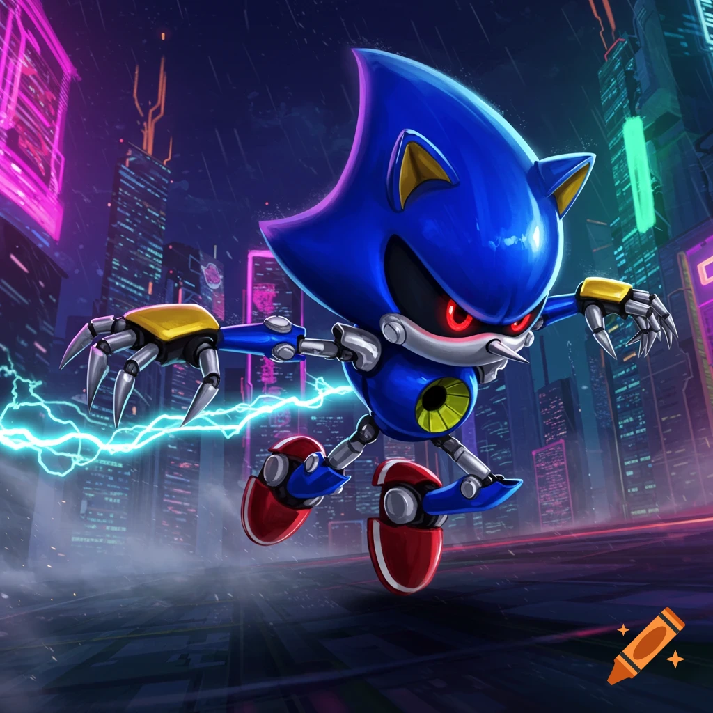 Two blue and silver Metal Sonic robots with glowing red eyes stand on a ...