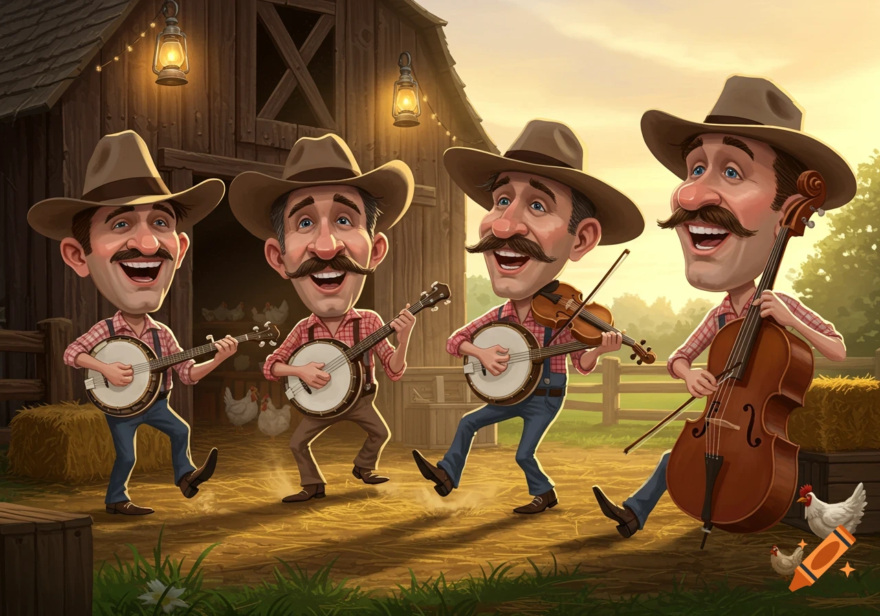 Illustrated caricature of four smiling hillbilly musicians with big ...