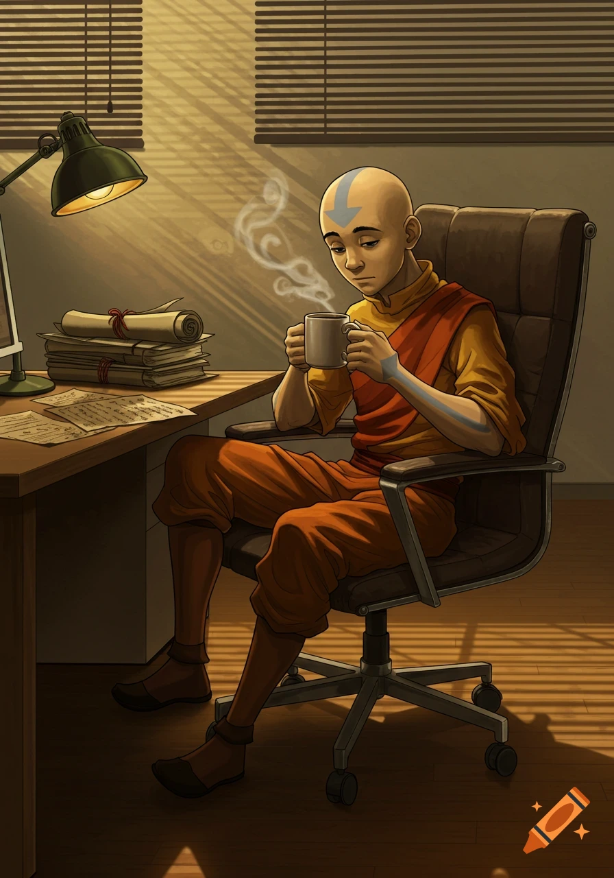 A tired Aang from Avatar sits in an office chair, drinking coffee ...