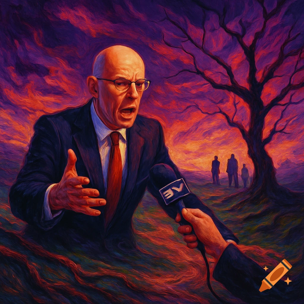 A psychedelic 1970s style news anchor with a mustache sits at a desk ...