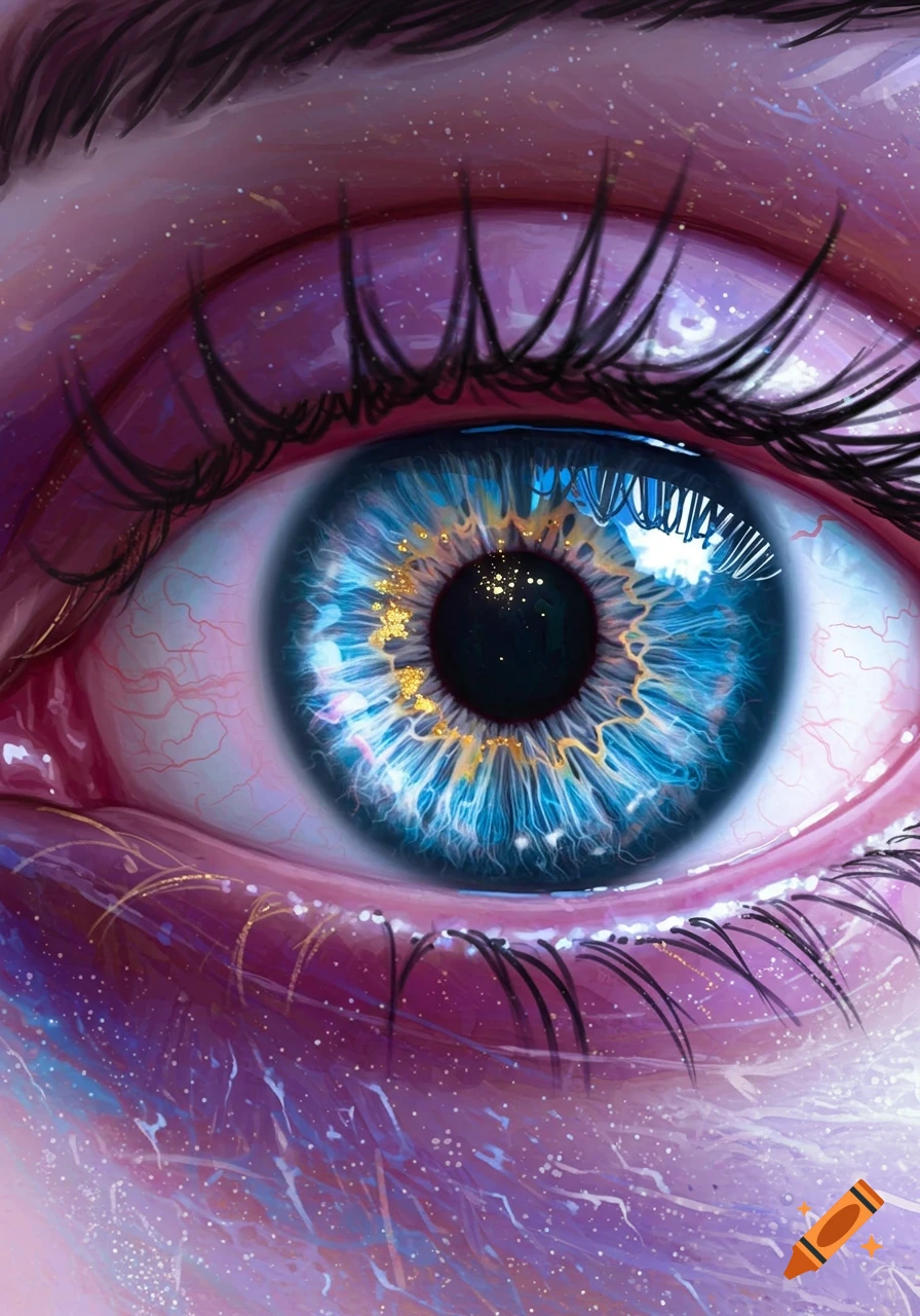 Close-up of a vibrant blue and gold abstract eye with purple skin and long eyelashes, digital ...