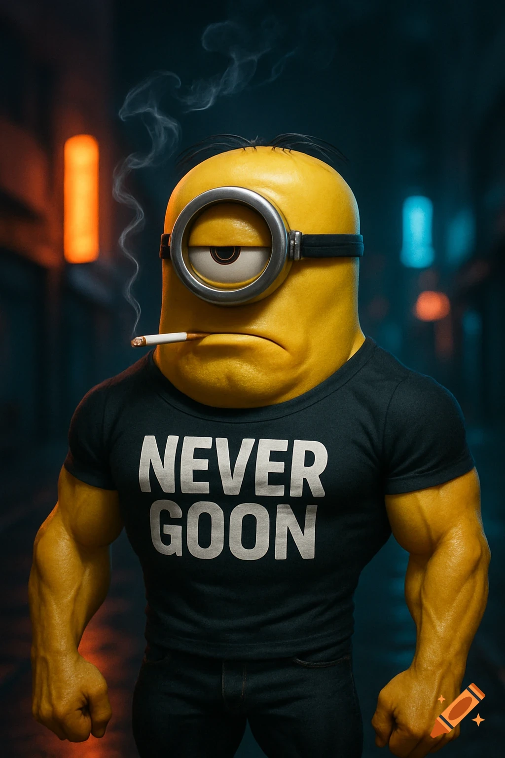 A buff Minion character wearing a black t-shirt with 'NEVER GOON ...