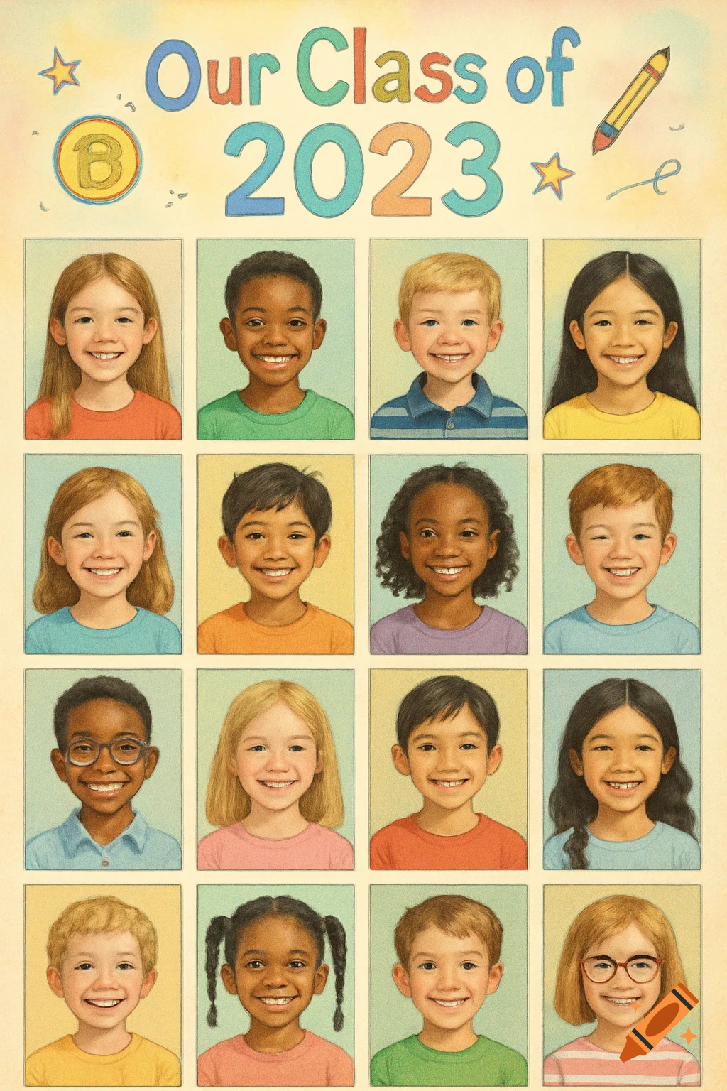 An illustrated school yearbook page for 'Our Class of 2023' featuring a ...