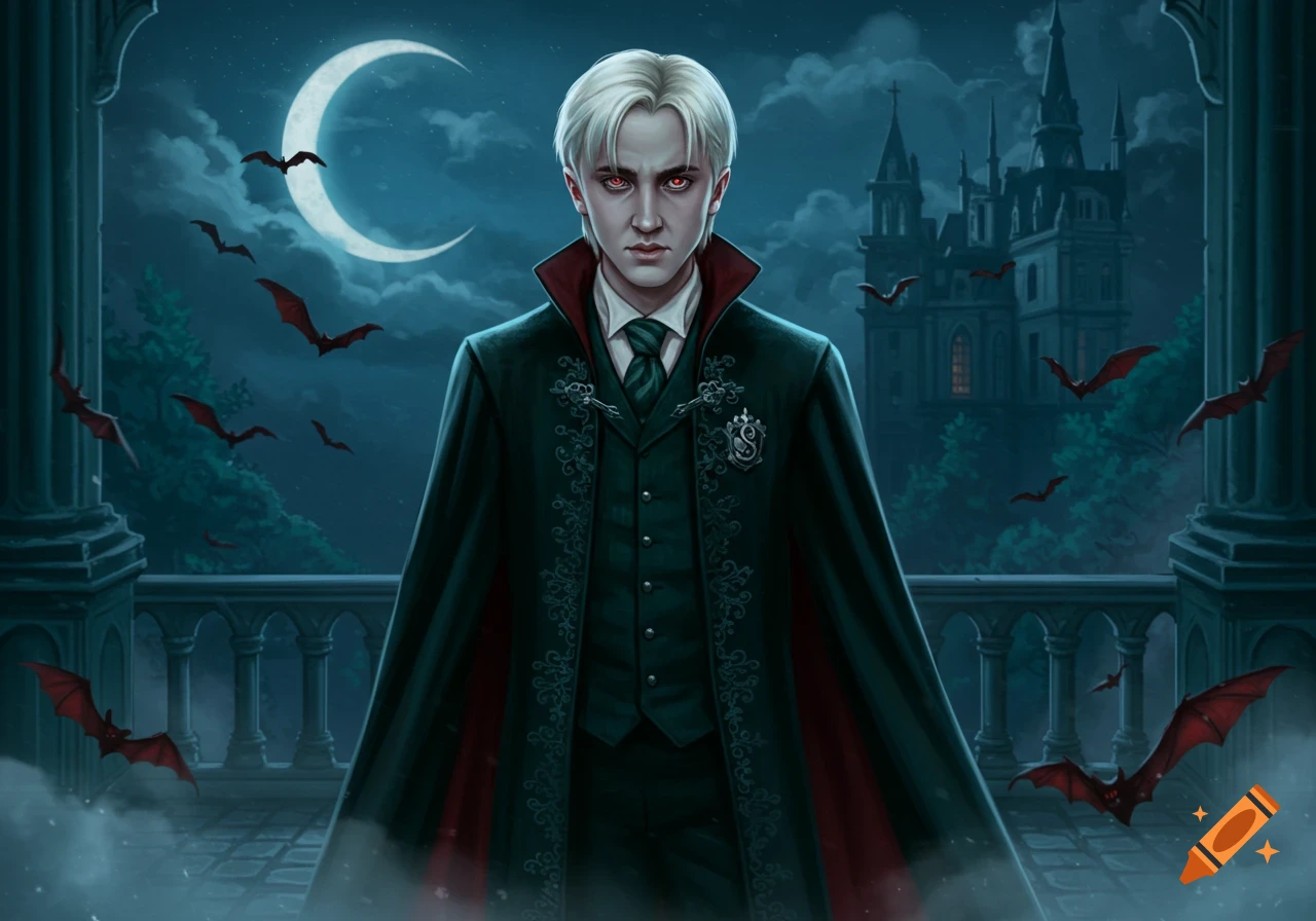 Vampire Draco Malfoy with red eyes and a dark cloak, standing on a ...