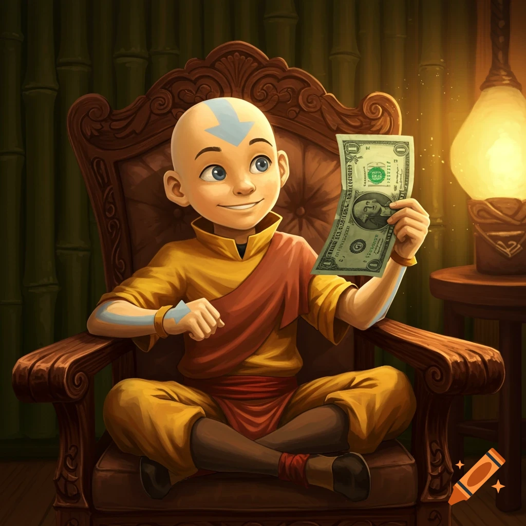 Aang, a bald boy with an arrow tattoo, sits smiling in a chair, holding ...