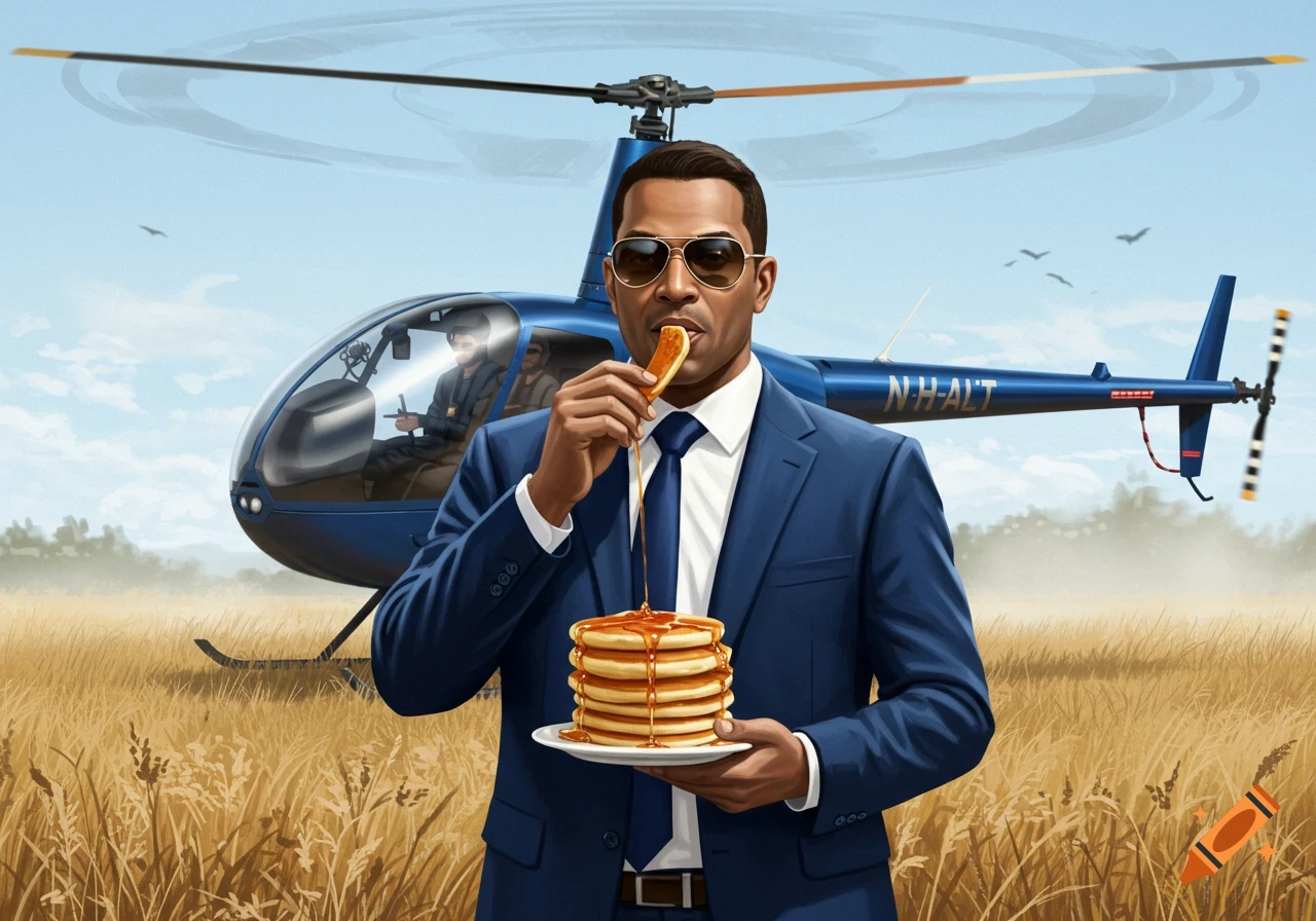 A man in a suit and sunglasses eats pancakes with syrup in front of a ...