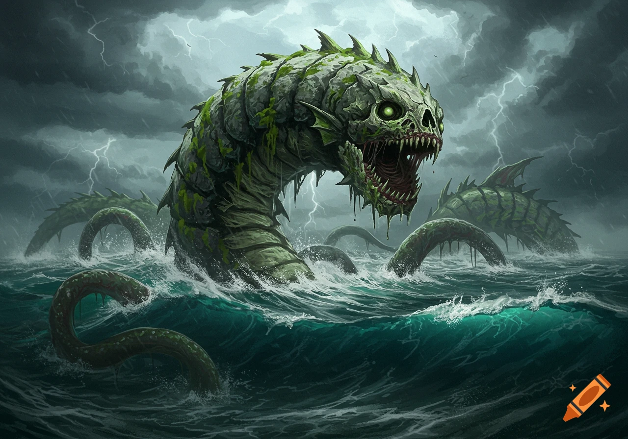 A colossal green sea serpent with glowing eyes rises from stormy teal ...
