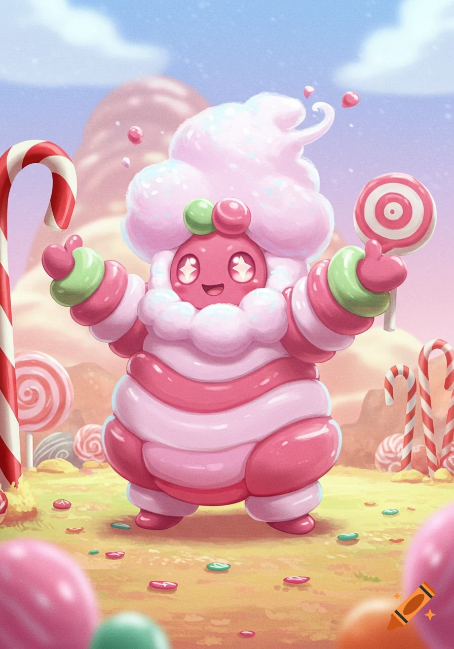 A cute, round, pink and white candy creature with frosting hair holds a ...
