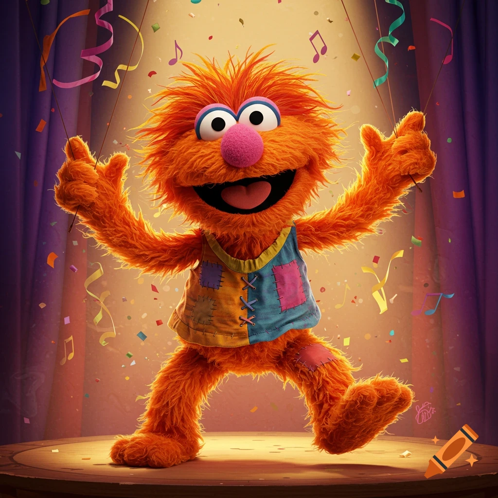 An orange furry muppet on a stage, giving thumbs up amidst falling ...