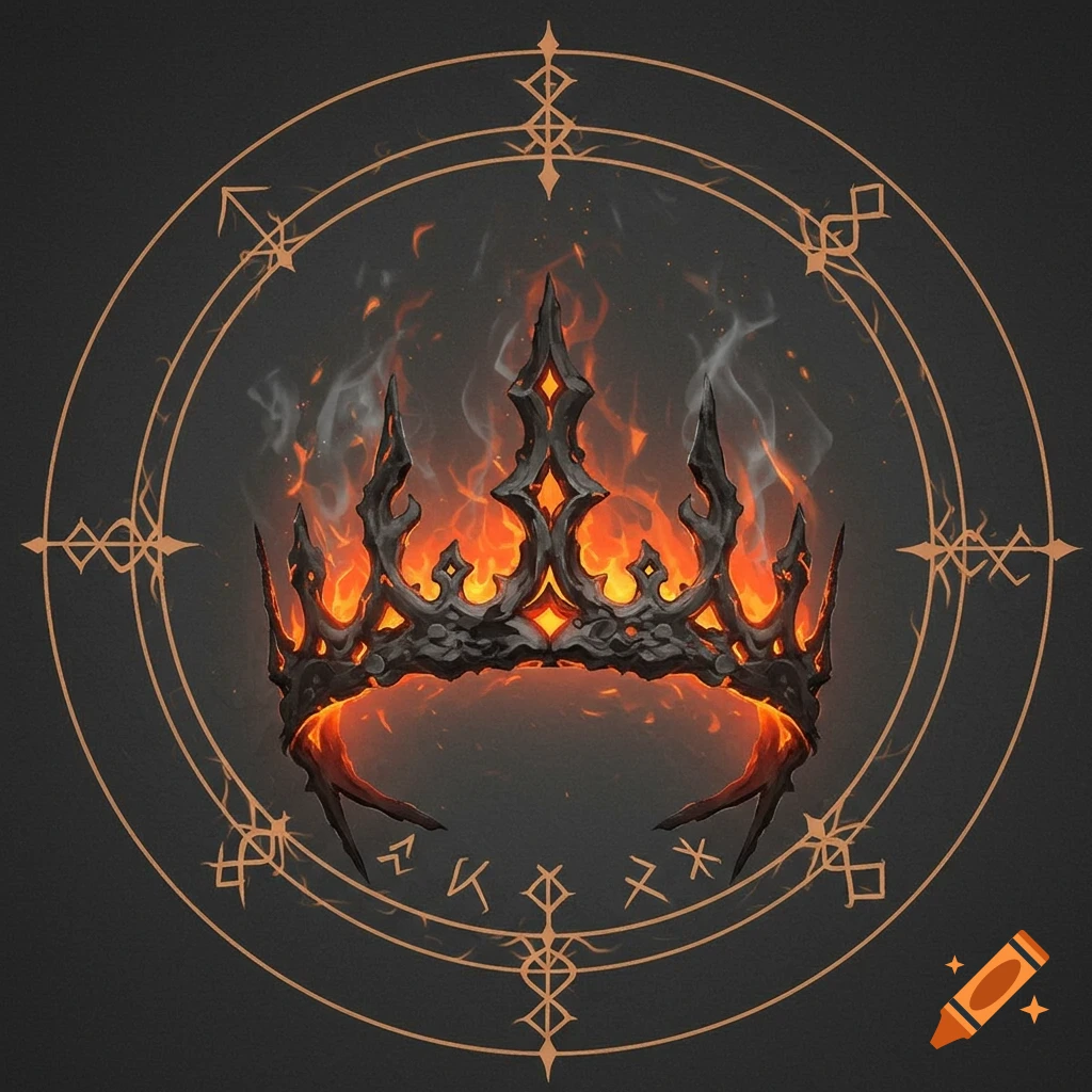 A dark, jagged crown made of molten rock and fire, surrounded by a ...