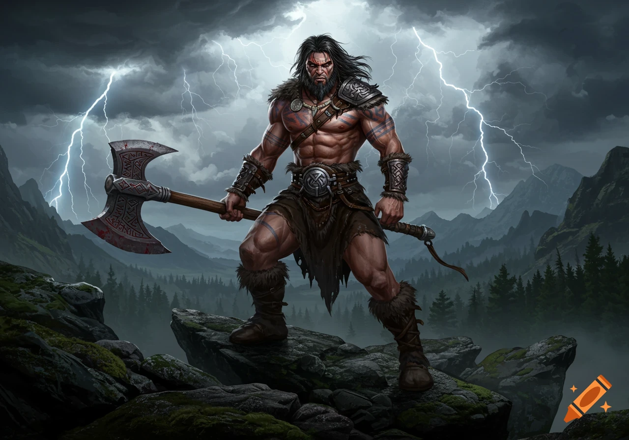 A muscular female barbarian with a horned helmet and glowing axe stands ...