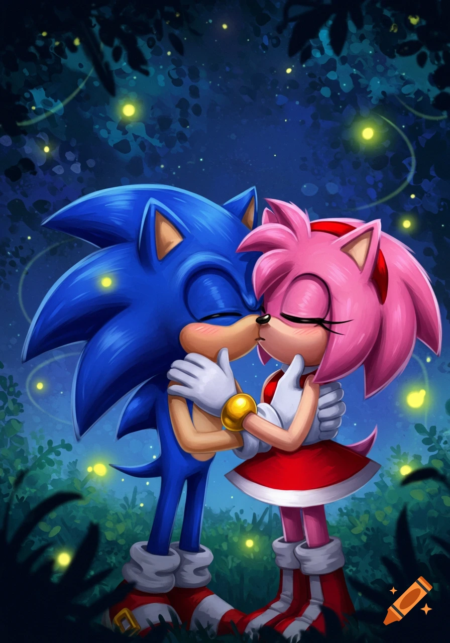 Sonic the Hedgehog and Amy Rose share a kiss in a magical forest lit by ...