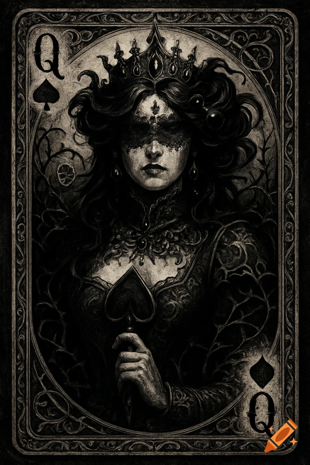 A dark gothic illustration of the Queen of Spades playing card ...