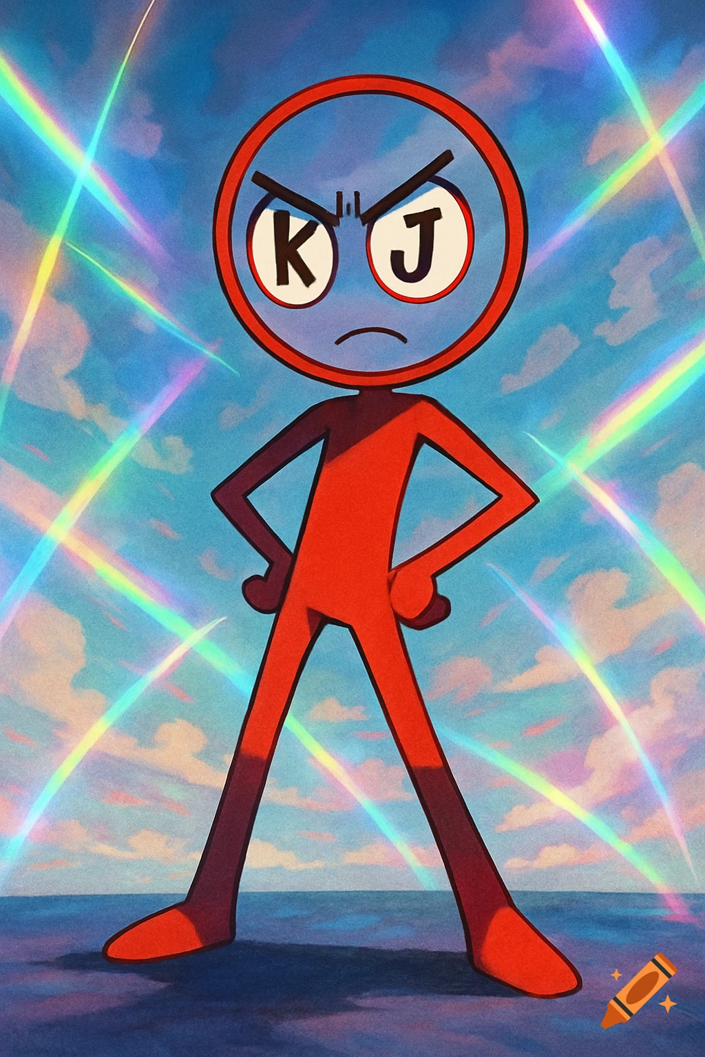 An angry red stick figure with a blue circular head, with a 'K' in its ...