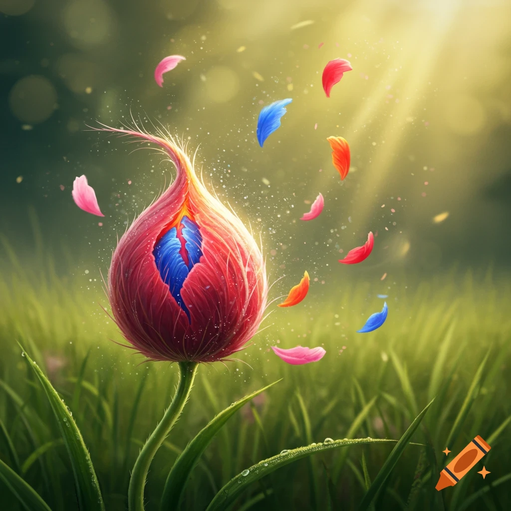 A vibrant, glowing red fantastical flower bud with blue petals inside ...