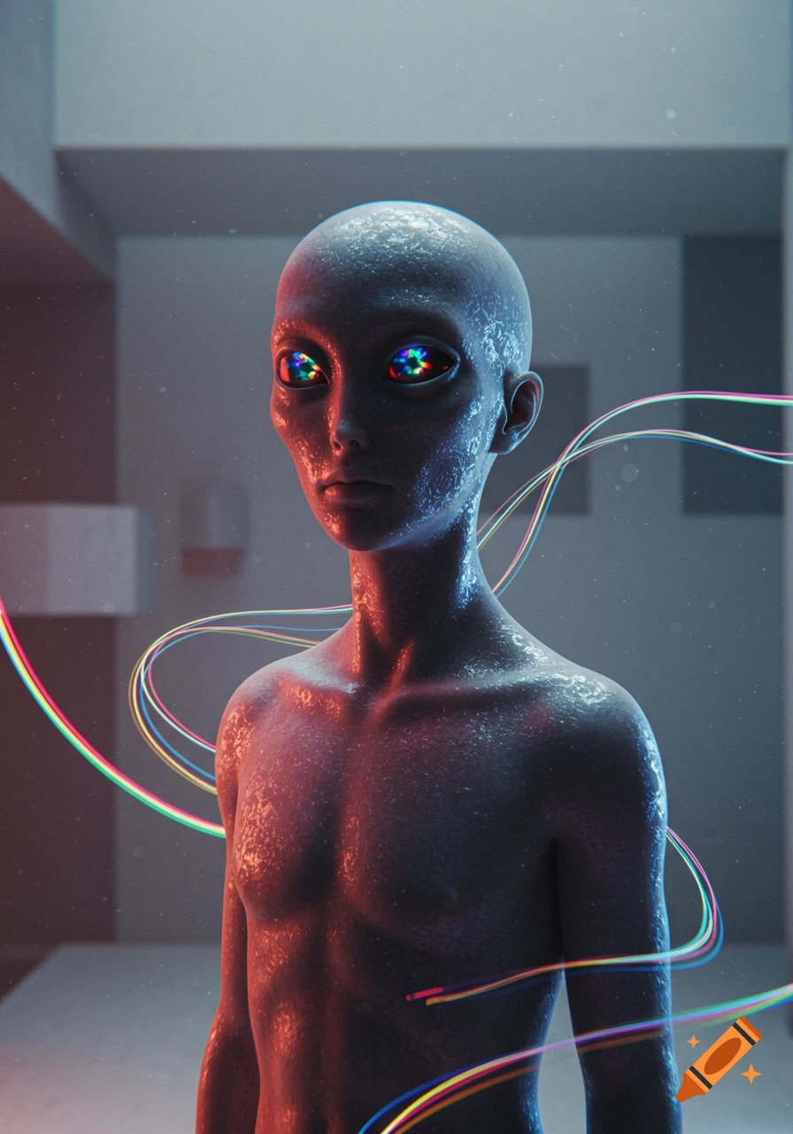 A humanoid alien with textured gray skin and glowing multicolored eyes ...
