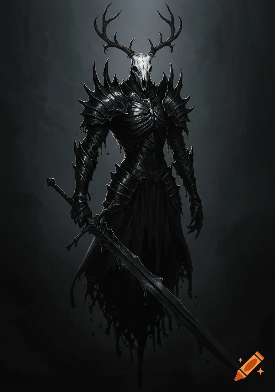 A dark fantasy knight with a deer skull helmet and large antlers ...