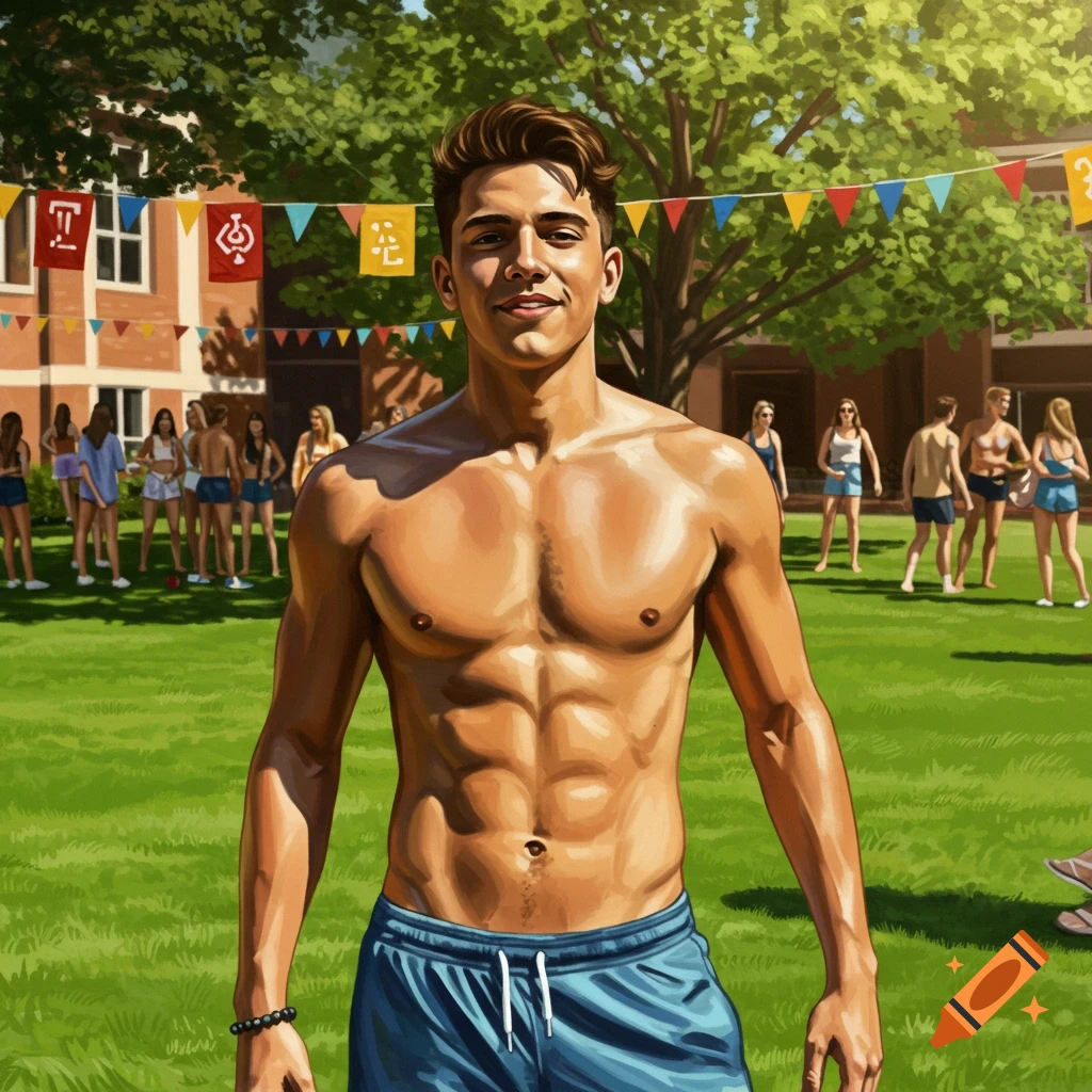 Smiling shirtless young man with abs on a sunny college campus lawn ...