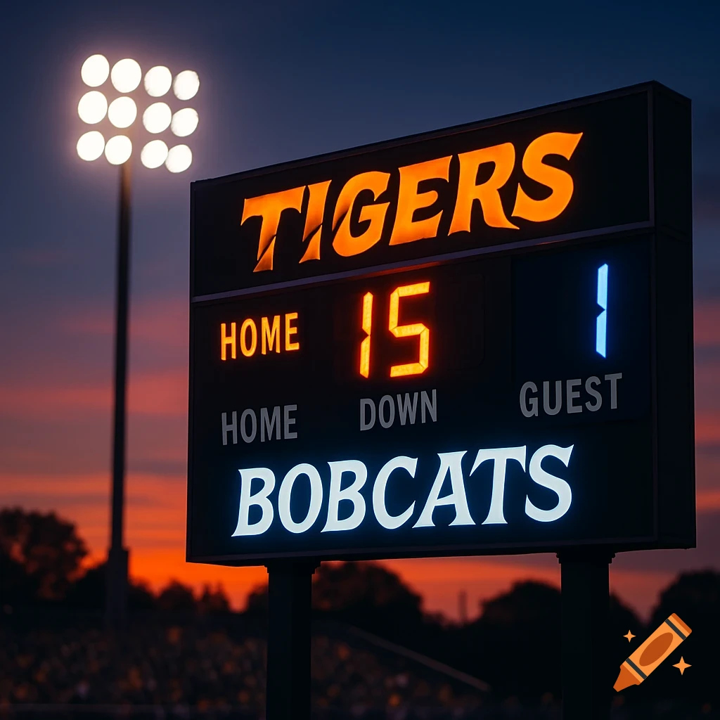 A close-up of a scoreboard at dusk, showing "TIGERS 15" and "BOBCATS 1 ...