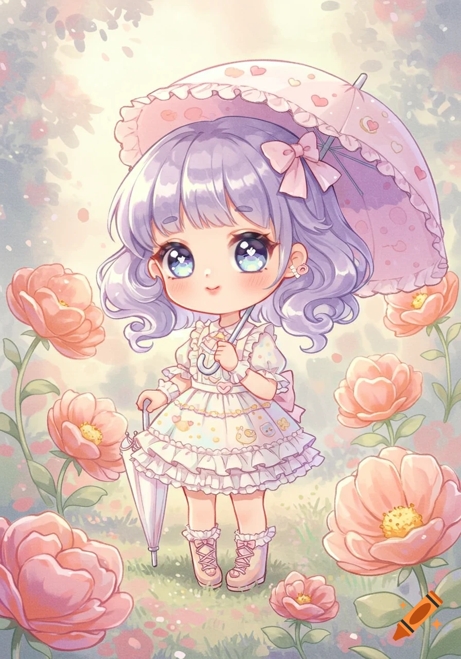 Cute pastel chibi anime character with curly hair, wearing a frilly ...