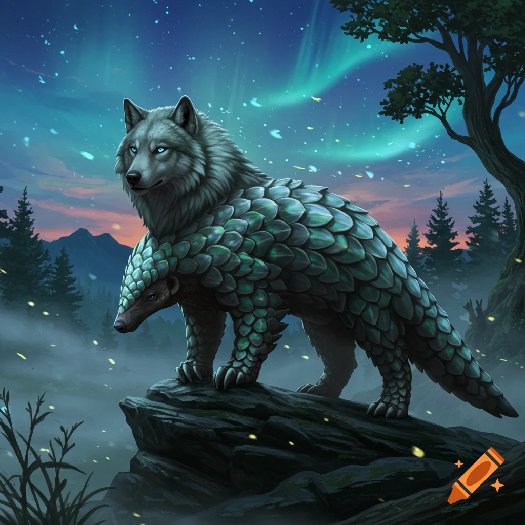 A majestic wolf and pangolin hybrid creature with blue eyes stands on a ...