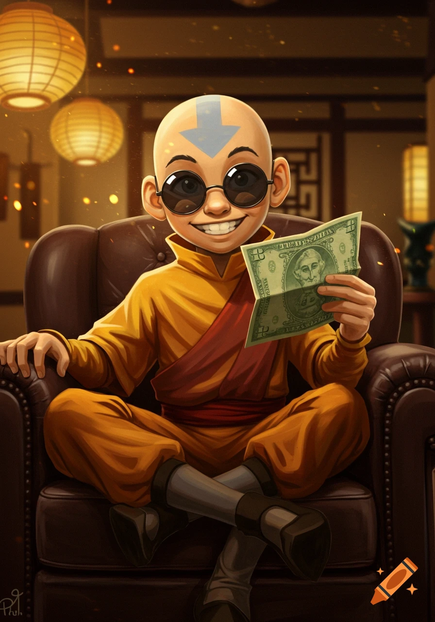 Aang, a bald boy with an arrow tattoo, sits smiling in a chair, holding ...