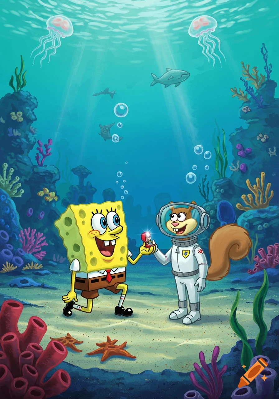 SpongeBob SquarePants proposes to Sandy Cheeks with a ring underwater ...