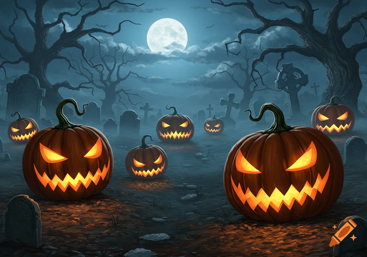 Spooky Halloween scene with glowing jack-o'-lanterns in a misty graveyard under a full moon with ...