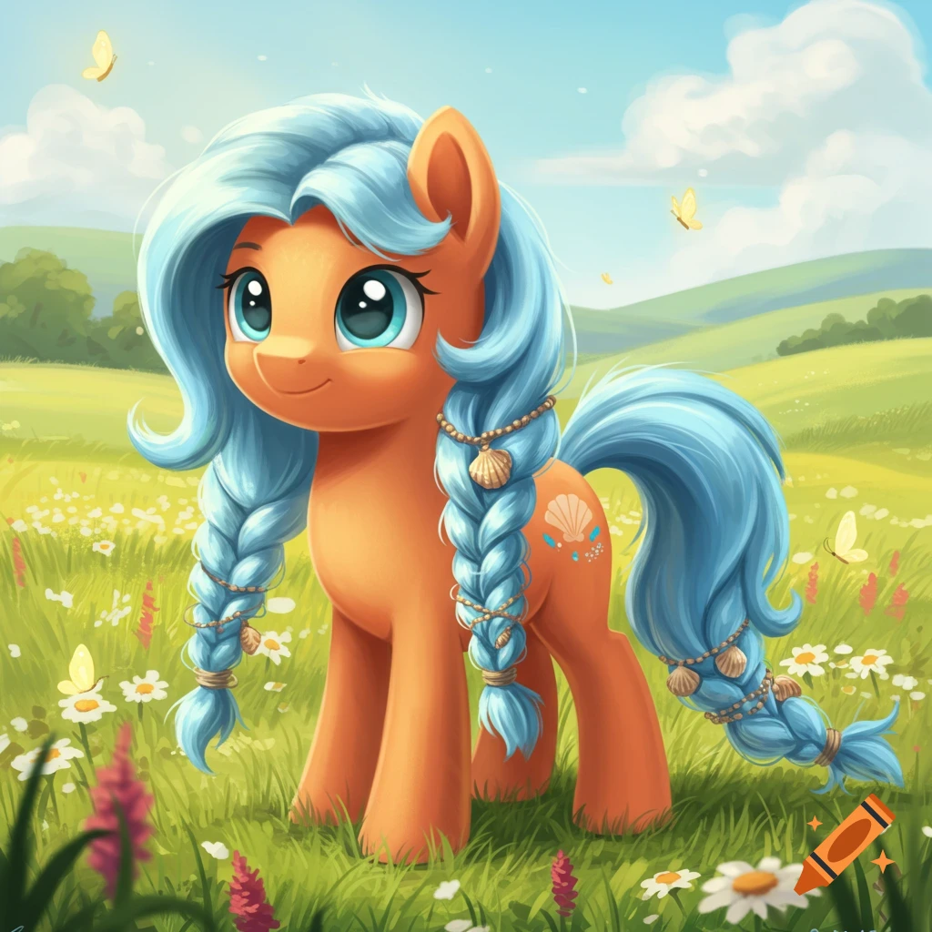A cute orange My Little Pony with a light blue braided mane and tail ...